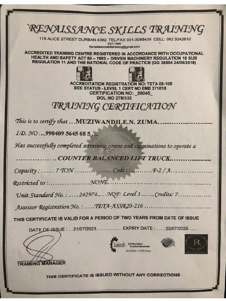 Forklift Certificate | PDF