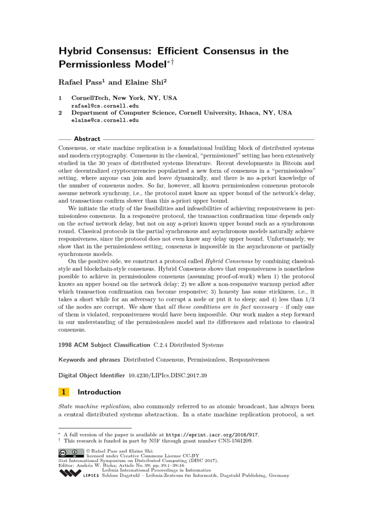 Hybrid Consensus - Efficient Consensus in The Permissionless Model | PDF | Replication ...