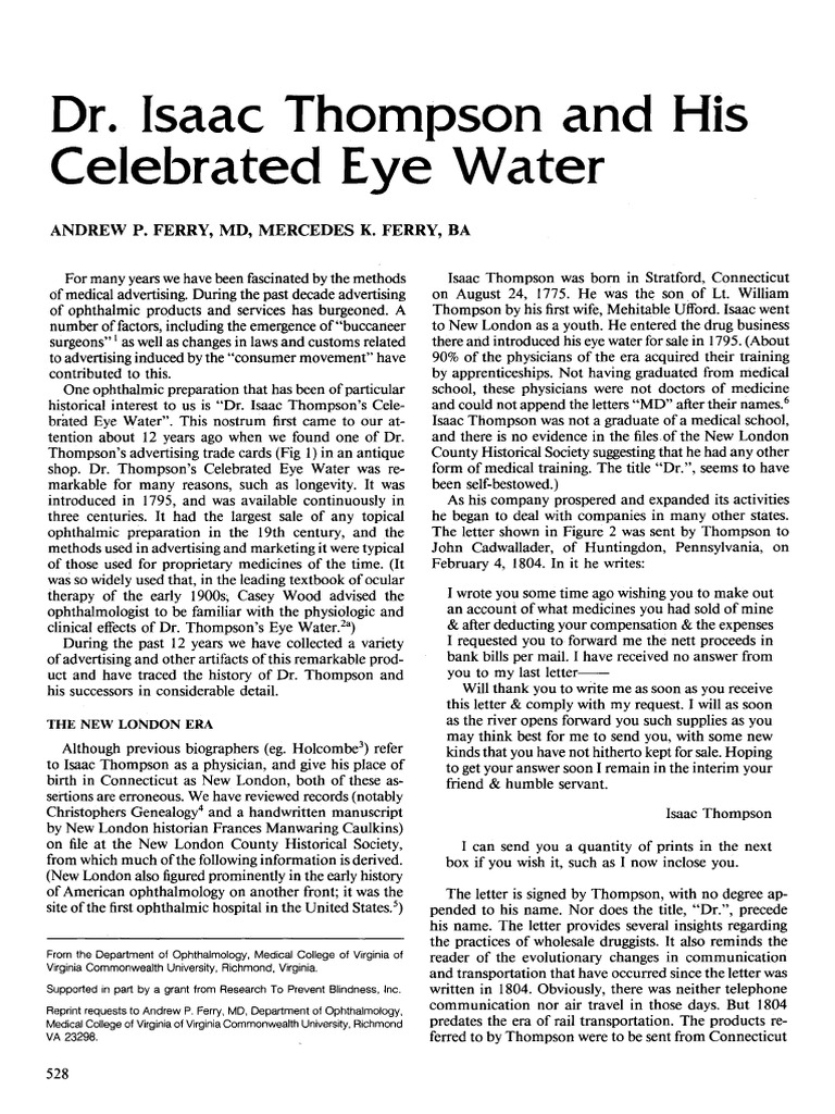 Dr. Isaac Thompson and His Celebrated Eye Water Op | PDF | Postage ...
