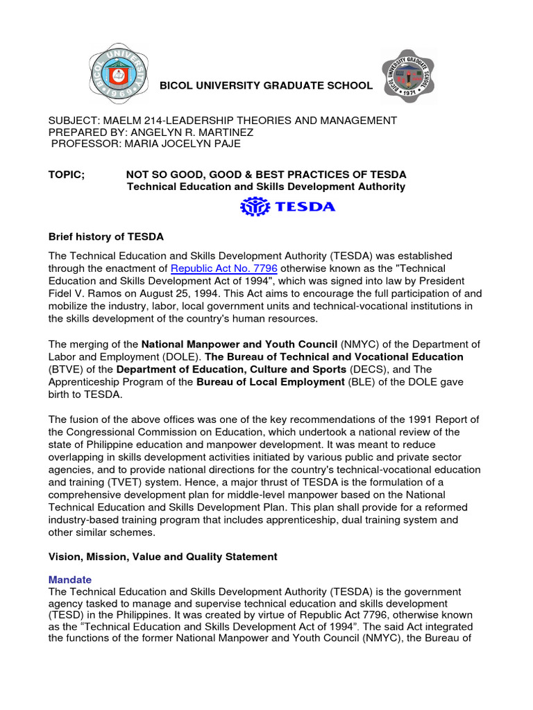 Handout MARTINEZ BEST PRACTICES OF TESDA | PDF | Economies