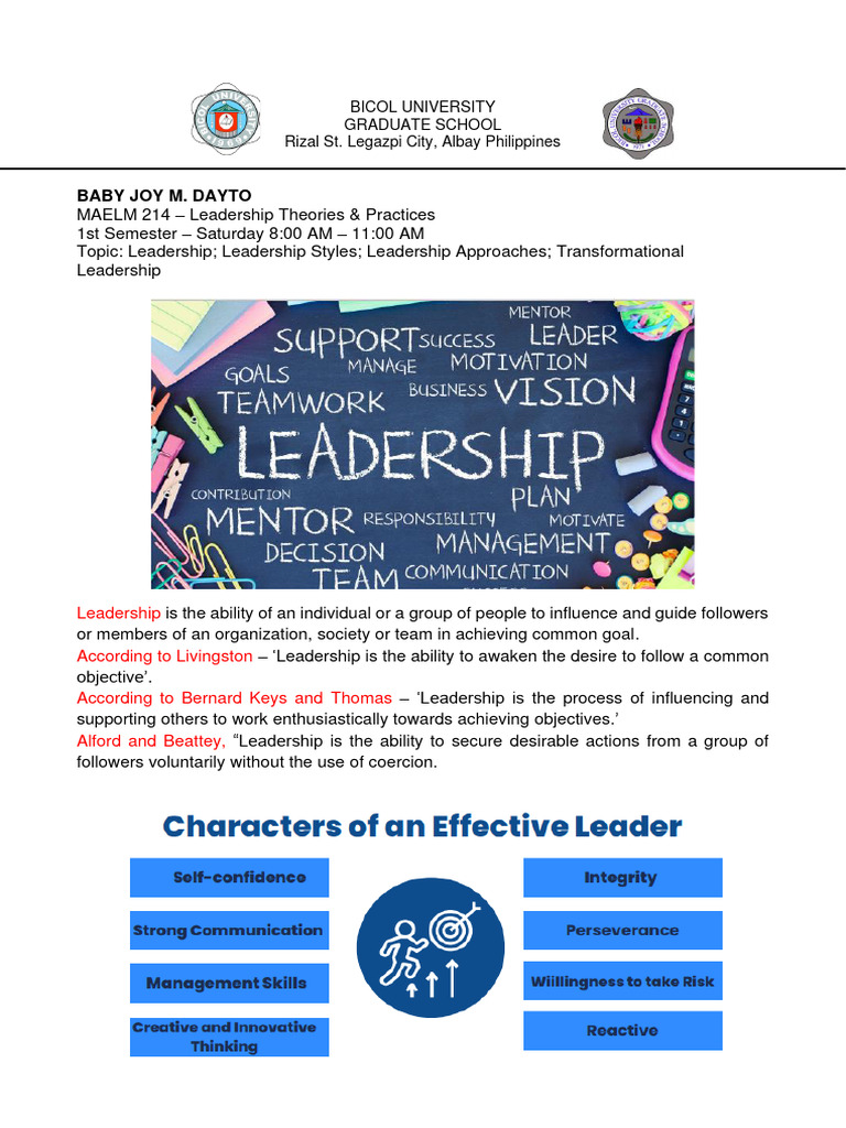 DAYTO Handout Leadership | PDF | Leadership | Transformational Leadership