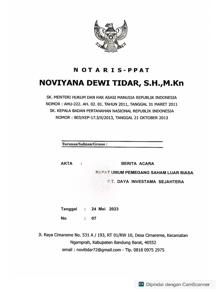 Akta Berita Acara Rapat Umum Pemegang Saham Luar Biasa PT. Daya Investama Sejahtera | PDF