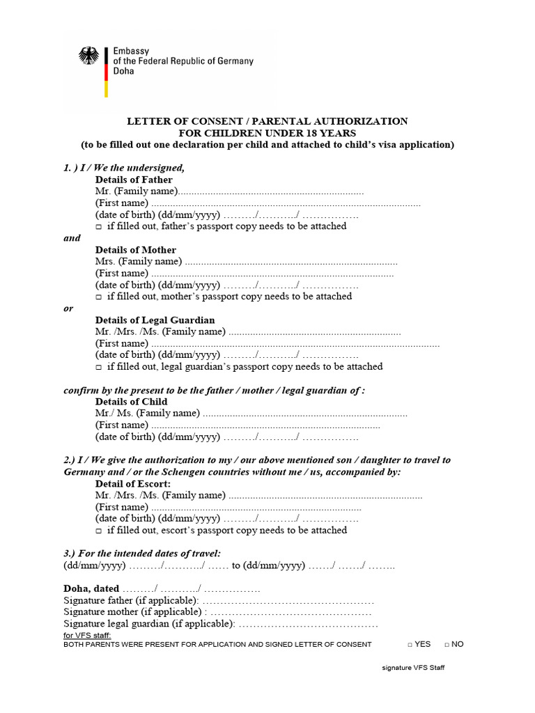 Parental Authorization Form Visa For Spouse | PDF