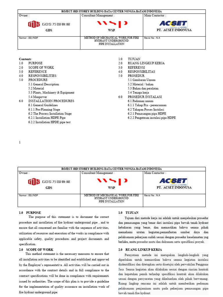 Methode Statement of Construction Work For Hydrant Fire Underground (Review Accset) | PDF