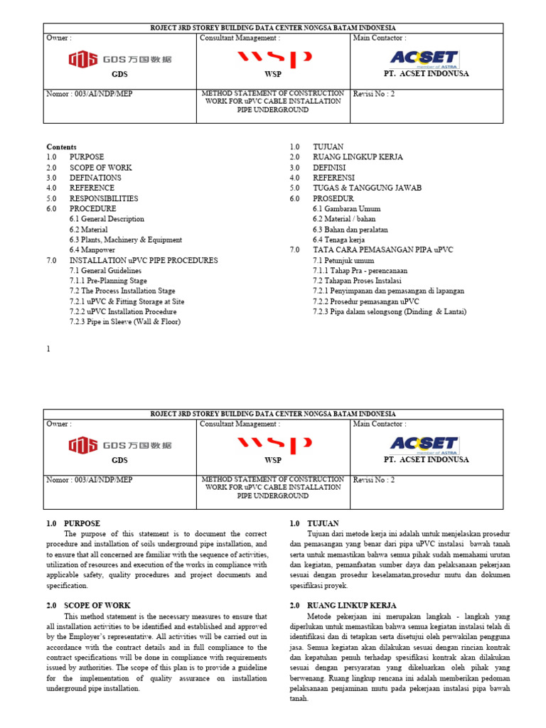 Methode Statement of Costruction Work For uPVC Cable Installation Pipe Underground R.2 | PDF