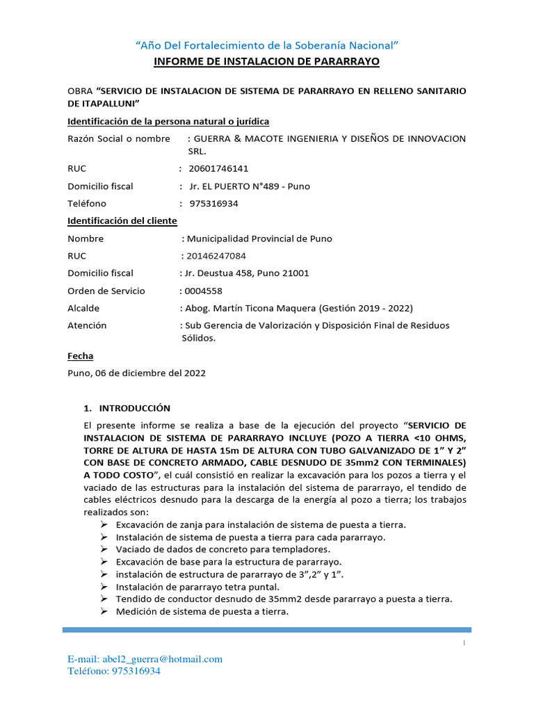 Informe de Instalacion de Pararrayos | Descargar gratis PDF | Residuos | Contaminación