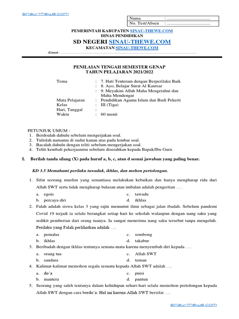 Soal PTS Kelas 3 Semester 2 PAI Tahun 2022 | PDF