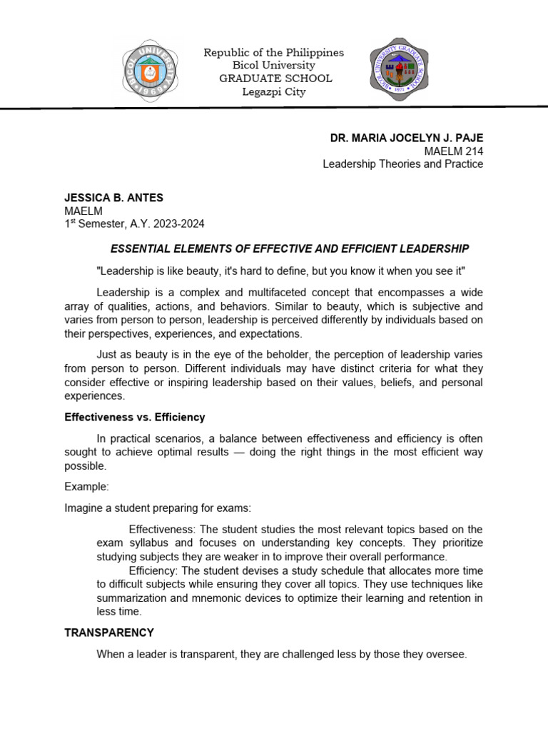 Handout - Antes Essential Elements of Effective Leadership | PDF ...