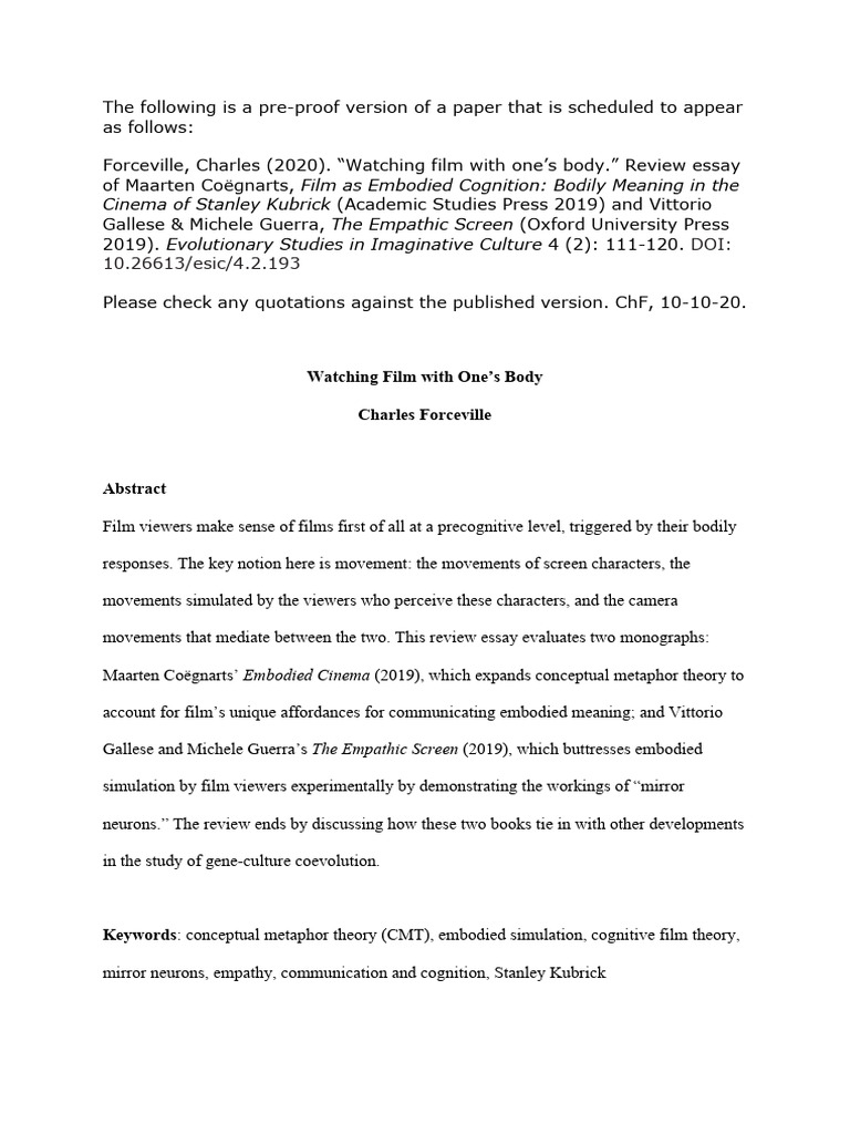 Watching Film With Ones Body Review Essa | PDF