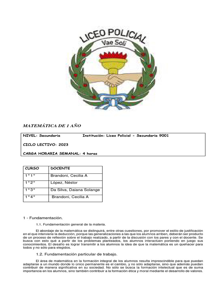 Planificación Anual Matemática 1° Pdf Números División 7586