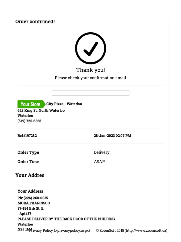 City Pizza Order Confirmation - Waterloo | PDF