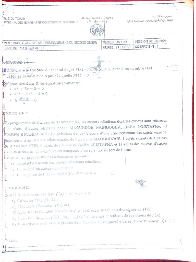 Maths Bac Tchad A4 Et AB 2020 | PDF