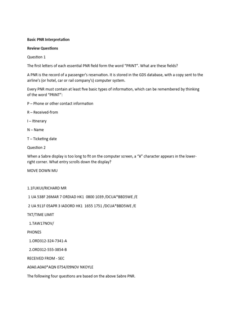 PNR Basics: Essential Fields & Queries | PDF | Computing | Transport