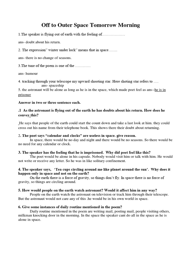 Off To Outer Space Tomorrow Morning (Poem) Notes-Karnataka State 10TH ...