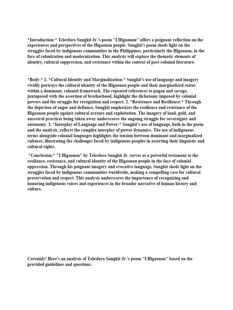 Analysis of "I Higaonon" by Sungkit Jr. | PDF
