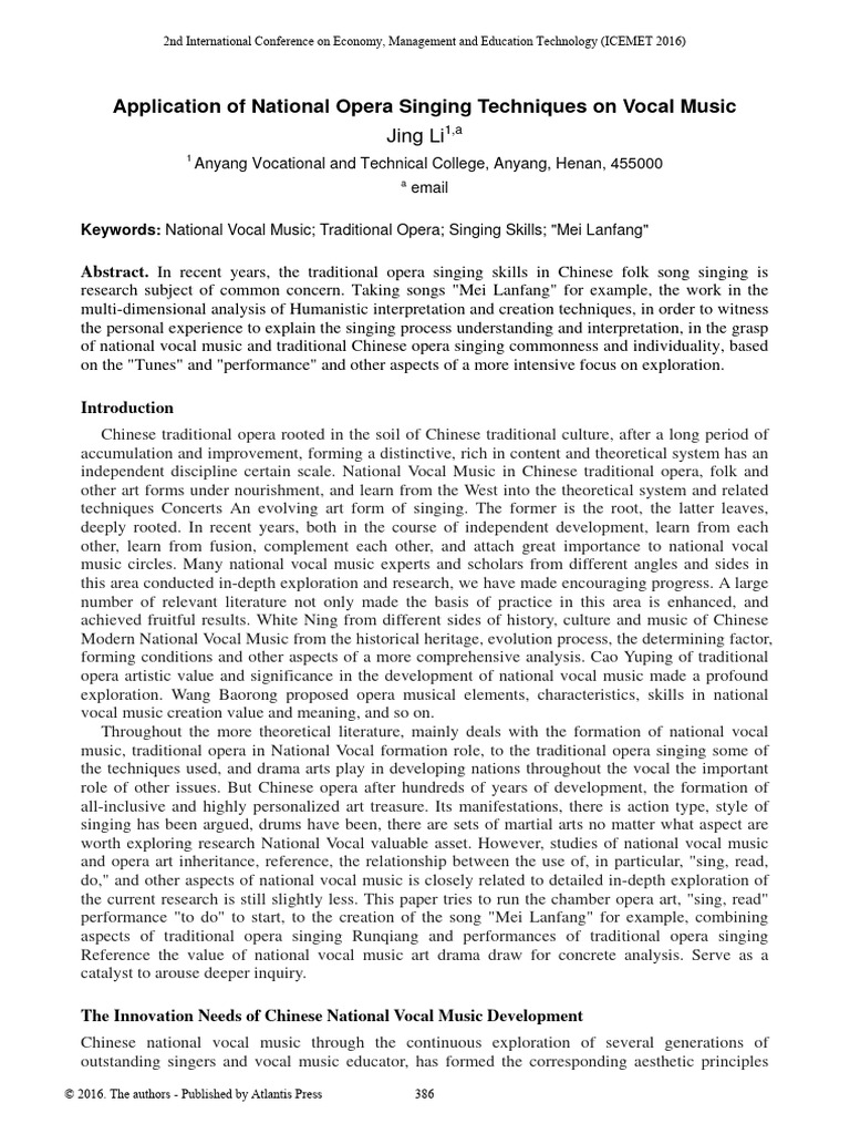 Application of National Opera Singing Techniques On Vocal Music | PDF