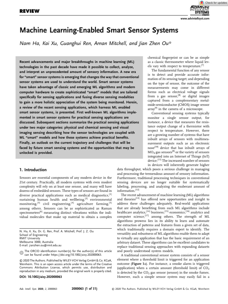 Advanced Intelligent Systems - 2020 - Ha - Machine Learning Enabled Smart Sensor Systems | PDF ...