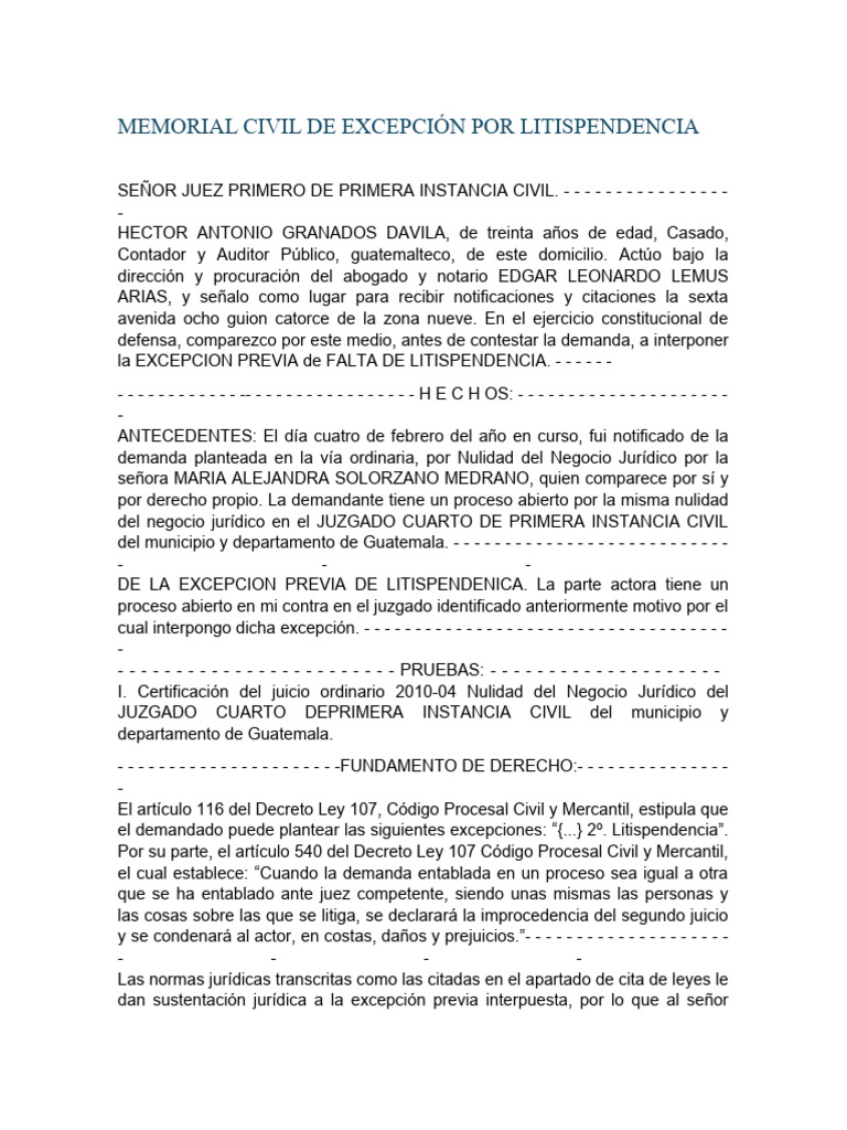 Excepción de Litispendencia en Guatemala | PDF | Demanda judicial | Ley ...