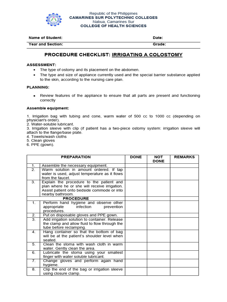 Procedure Checklist Irrigating A Colostomy BSN 3 | PDF | Health Care ...