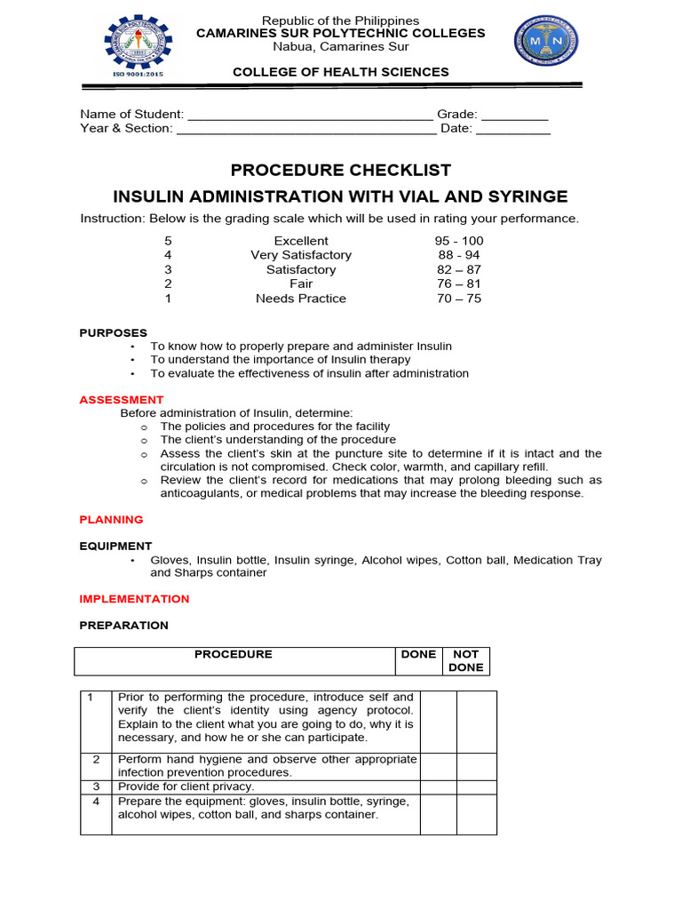 Insulin Administration Procedure Guide | PDF | Syringe | Medical Treatments