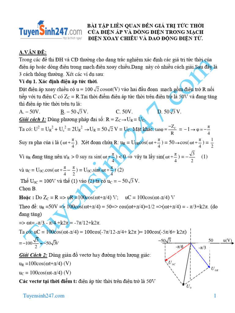 Bai Tap Lien Quan Den Gia Tri Tuc Thoi Cua Dien AP Va Dong Dien Trong Mach Dien Xoay Chieu Va ...