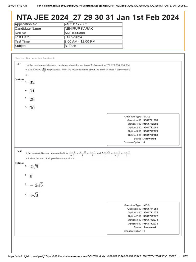 Jee Answer Sheet | PDF | Multiple Choice | Educational Assessment And Evaluation