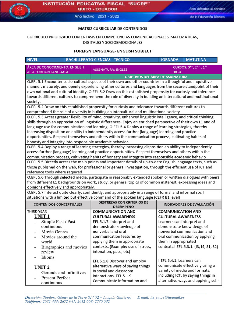 Matriz de Contenidos INGLÉS | PDF | English As A Second Or Foreign ...