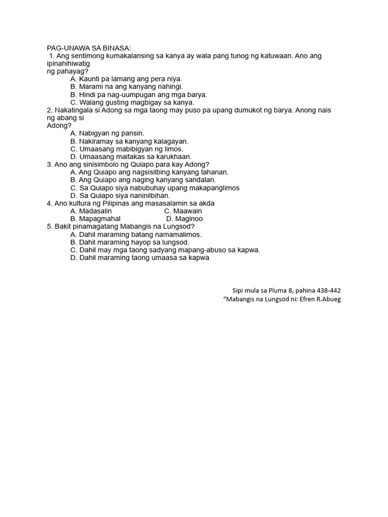 Pag Unawa Sa Binasa | PDF