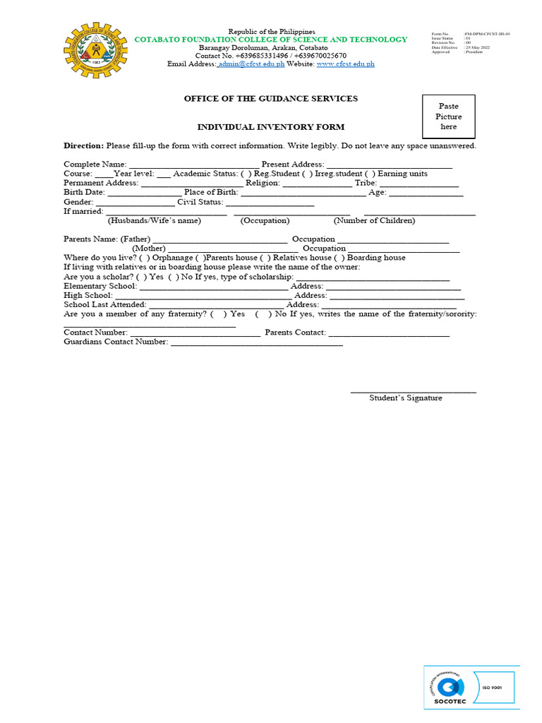 Individual Inventory Form Iis 01 | PDF