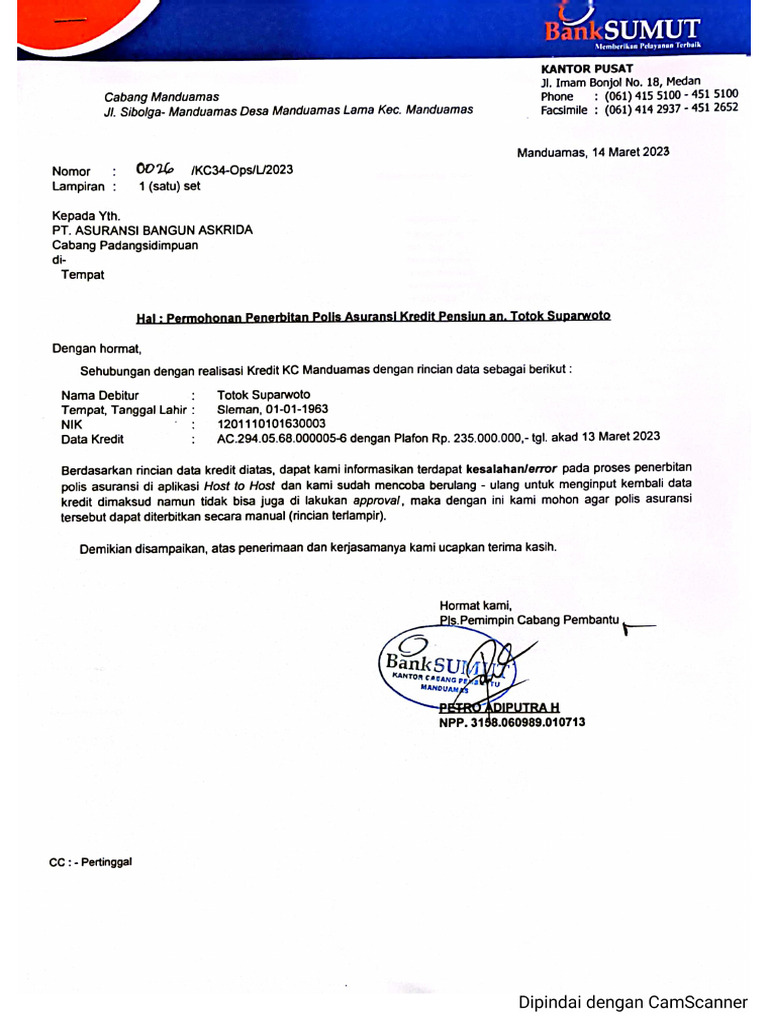 Permohonan Asuransi ManualTotok Suparwoto - KCP MANDUAMAS | PDF