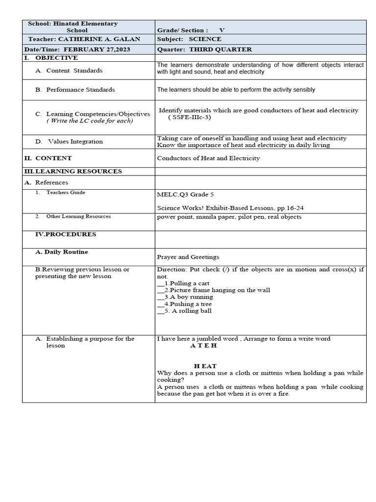 Giya Lesson Plan Science 5 Q3 | PDF | Thermal Conduction | Electrical Conductor