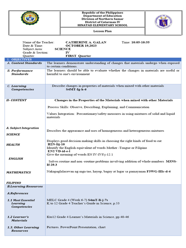 Cot Lesson Plan q1 Science 4 | PDF