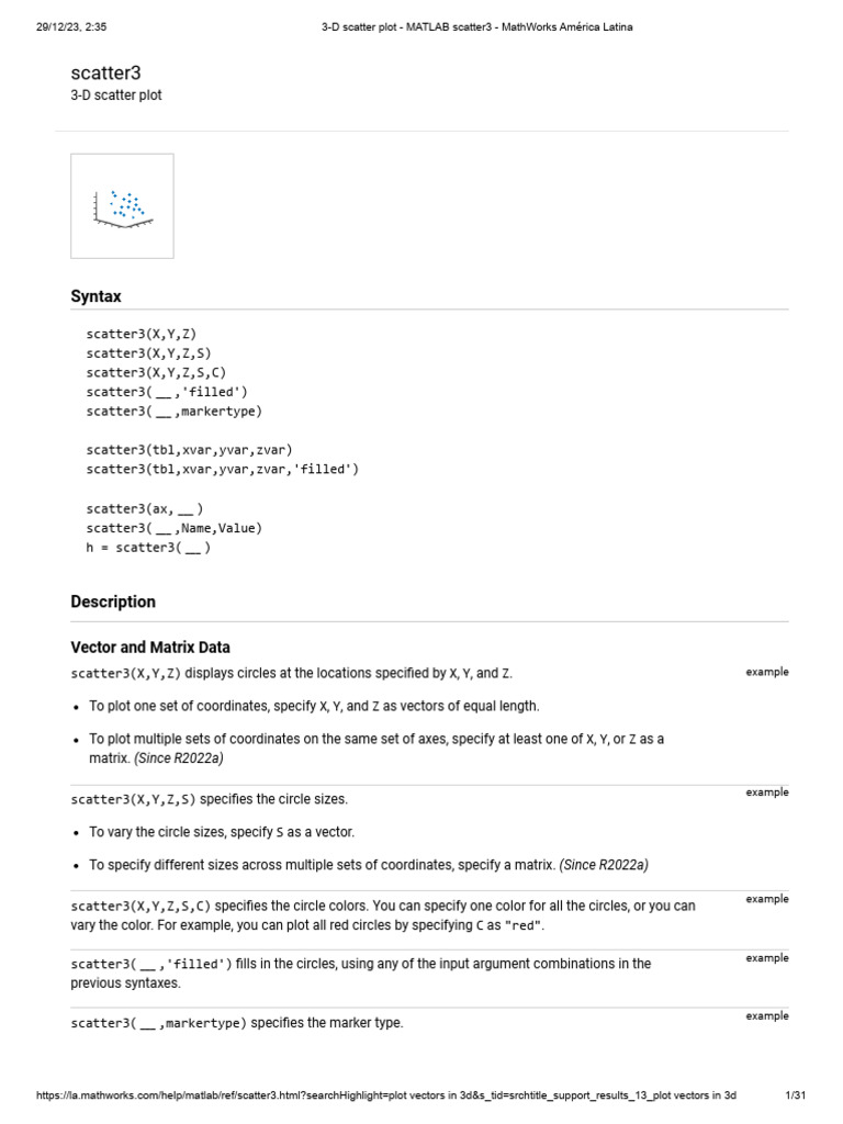 3-D Scatter Plot - MATLAB Scatter3 - MathWorks América Latina | PDF