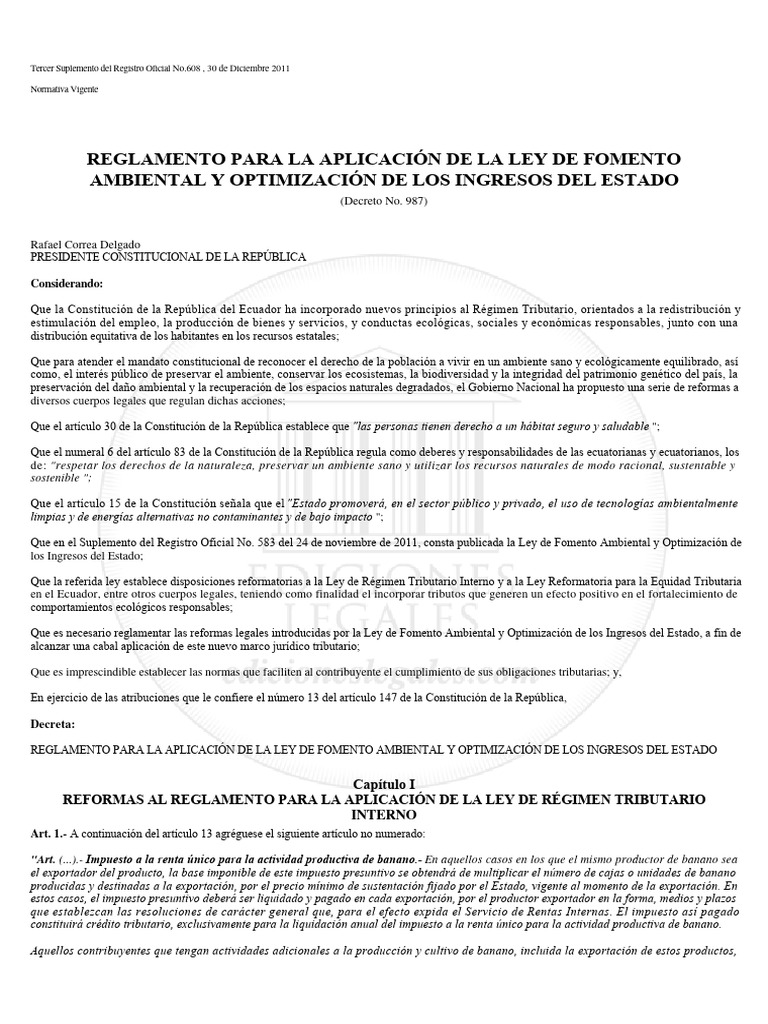 Decreto Ejecutivo No 987 Reglamento para La Aplicaci - N de La Ley de Fomento Ambiental y ...
