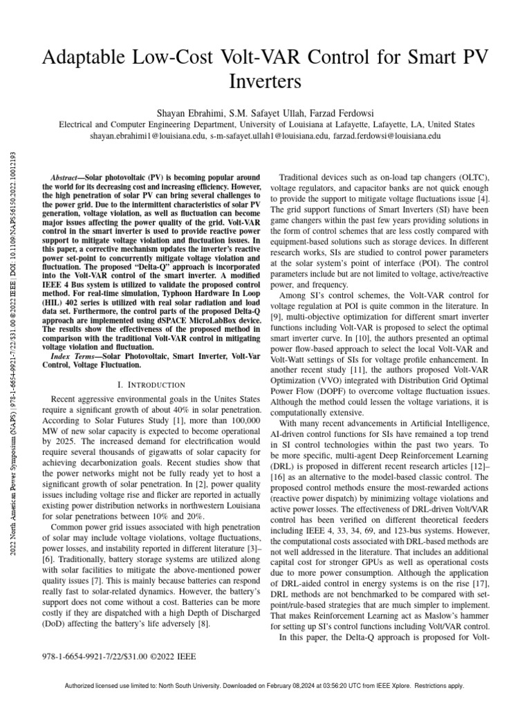 Adaptable Low-Cost Volt-VAR Control For Smart PV Inverters | PDF | Photovoltaics | Photovoltaic ...
