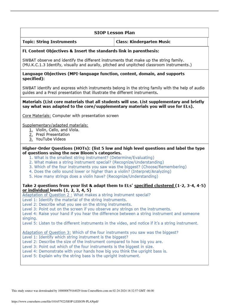 Siop Lesson Plan PDF | PDF | String Instruments | Violin