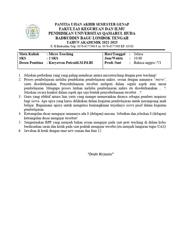 Soal Text Home Micro Teaching 2022-2023 | PDF
