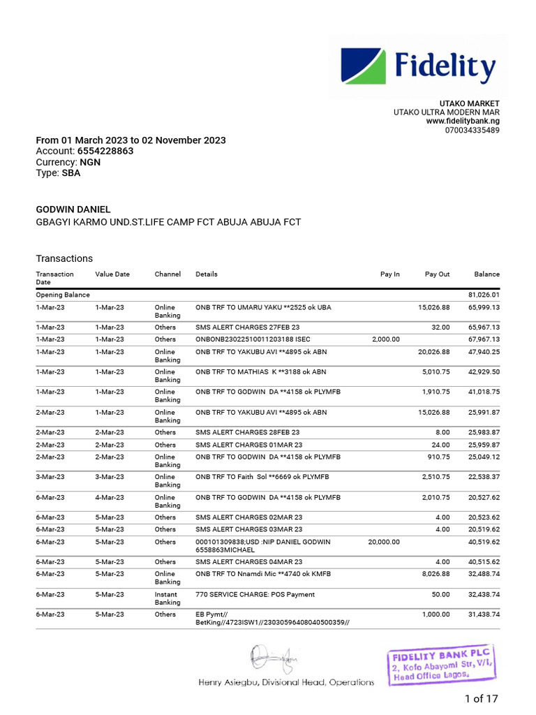 From 01 March 2023 To 02 November 2023 Account: 6554228863 Currency ...