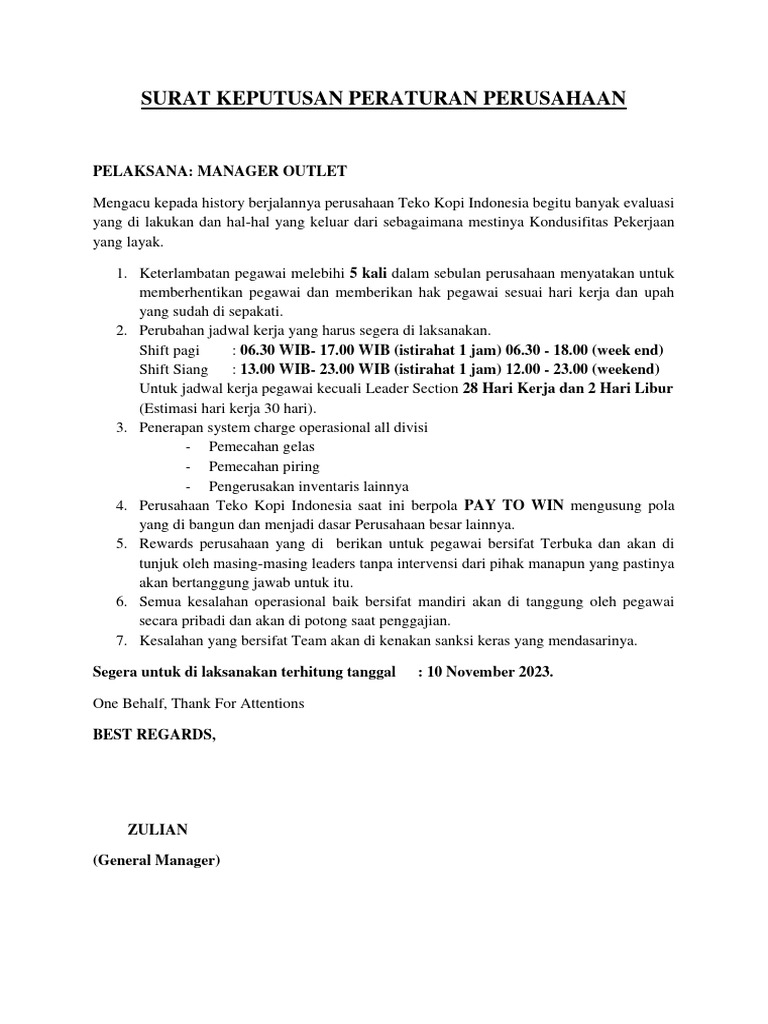 Surat Keputusan Peraturan Perusahaan | PDF