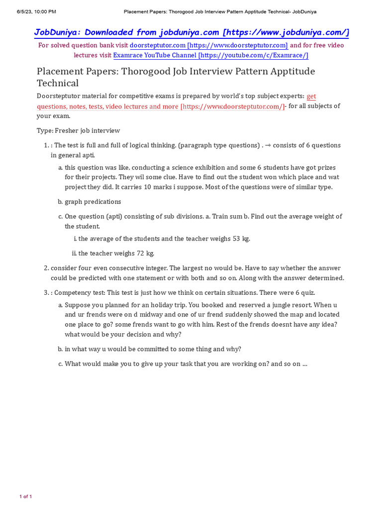 Thorogood Job Interview Pattern Apptitude Technical | PDF | Job Interview