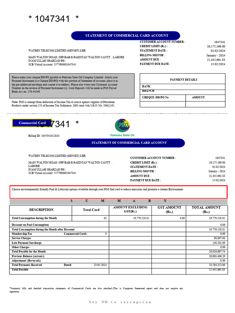 PSO 1047341 Jan-2024 Bill | Download Free PDF | Cheque | Payments