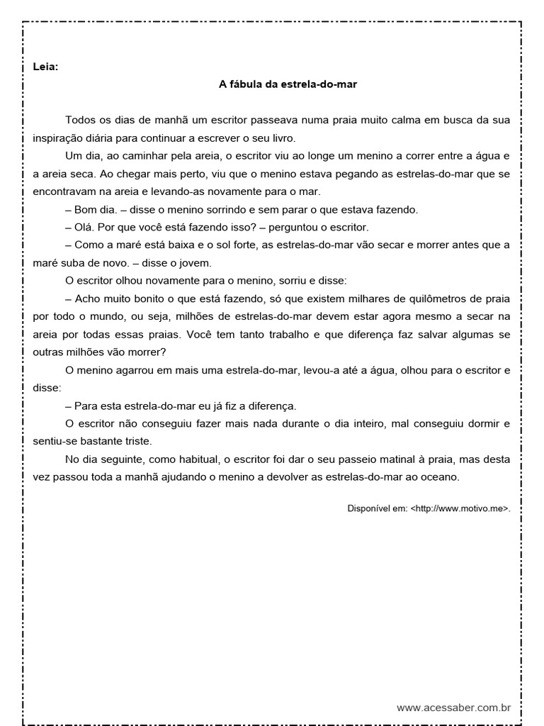 Interpretacao de Texto A Fabula Da Estrela Do Mar 8º Ano Word | PDF
