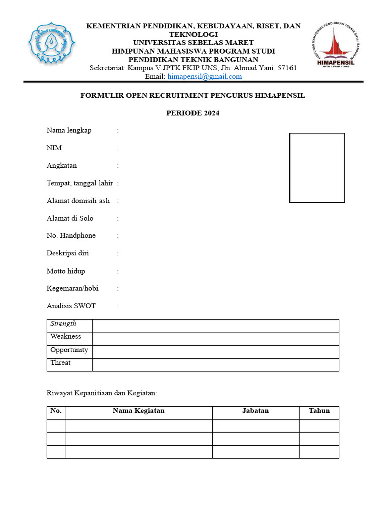 Formulir Open Recruitment Pengurus Himapensil 2024 | PDF | Seni