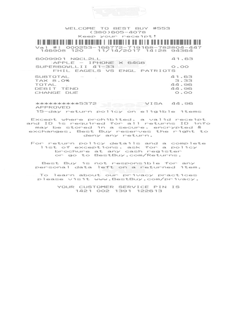 Best Buy Receipt for iPhone X Purchase | PDF | Finance & Money Management