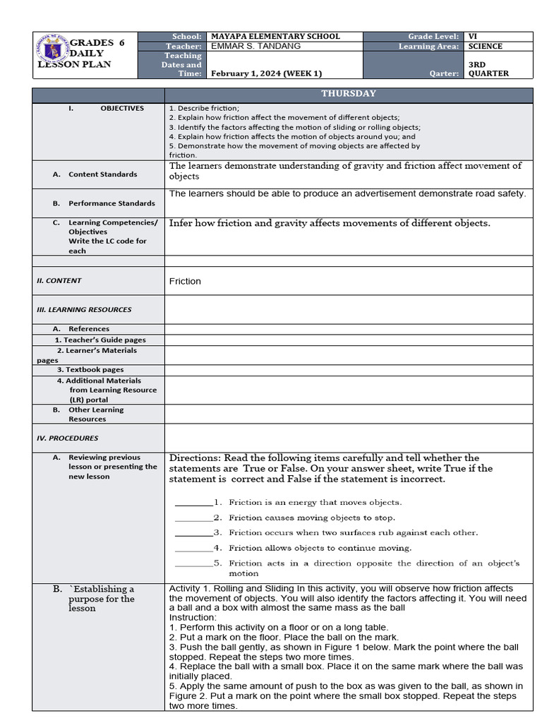 Grade 6 Science Lesson Plan on Friction | PDF | Friction | Learning