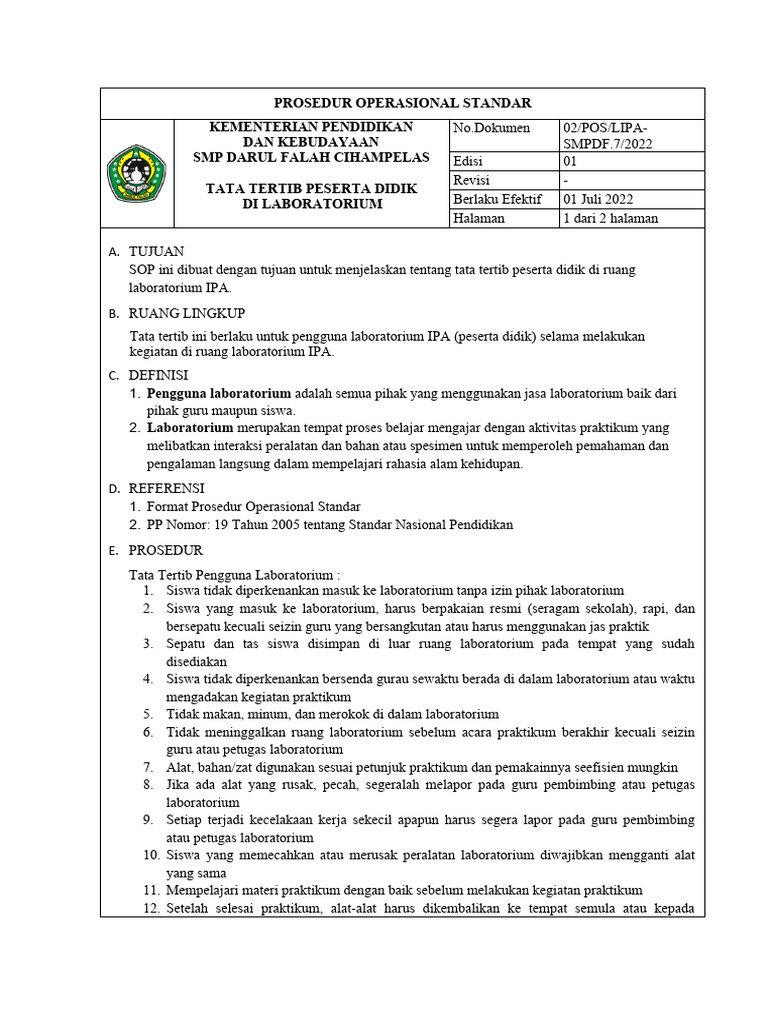 SOP Laboratorium IPA Tata Tertib Peserta Didik | PDF | Sains & Matematika