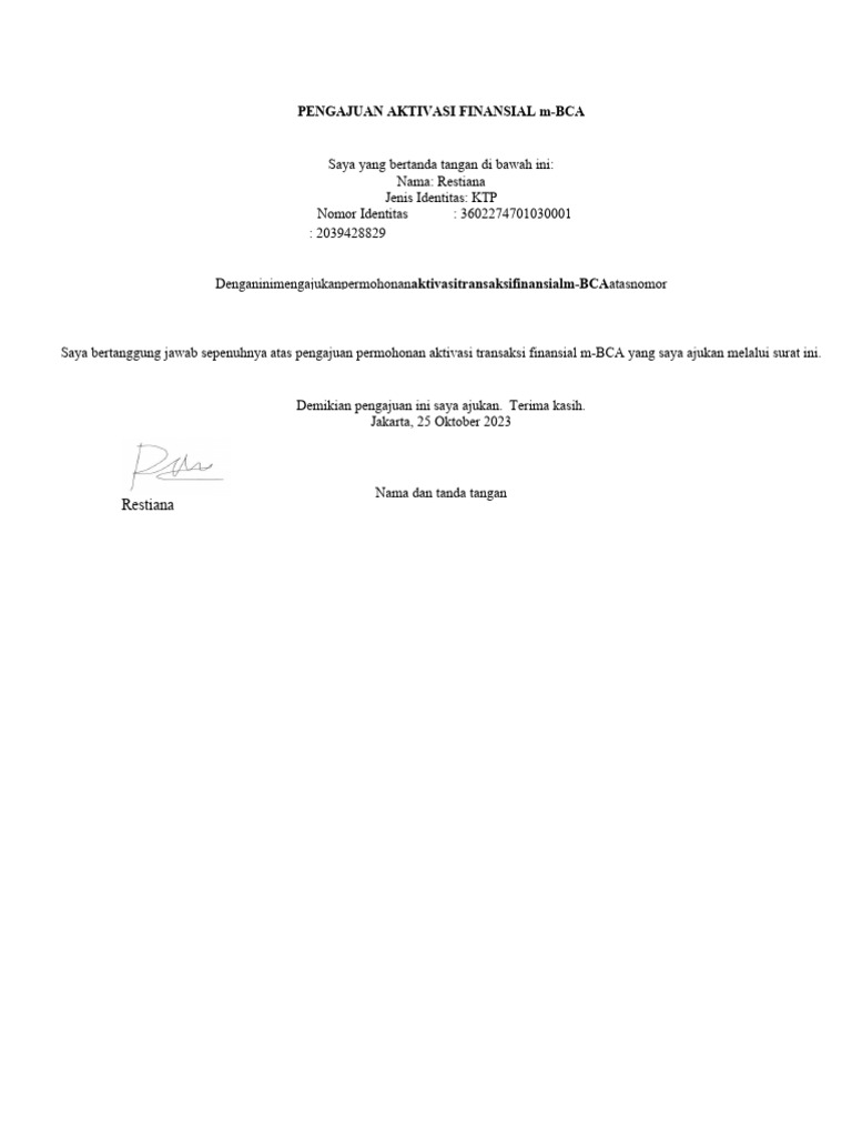 Permohonan Aktivasi Finansial M BCA Melalui Halo BCA - 2023 | PDF