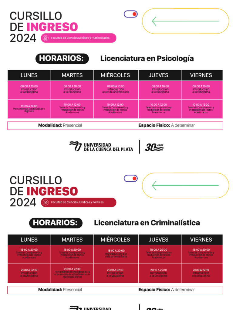 Horarios de Cursillo de Ingreso 2024 | PDF | Crecimiento personal y profesional | Arte