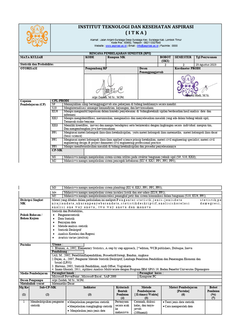 RPS Statistik-Probabilitas Genap 2023 - 2024 Prodi Teknik Sipil | PDF
