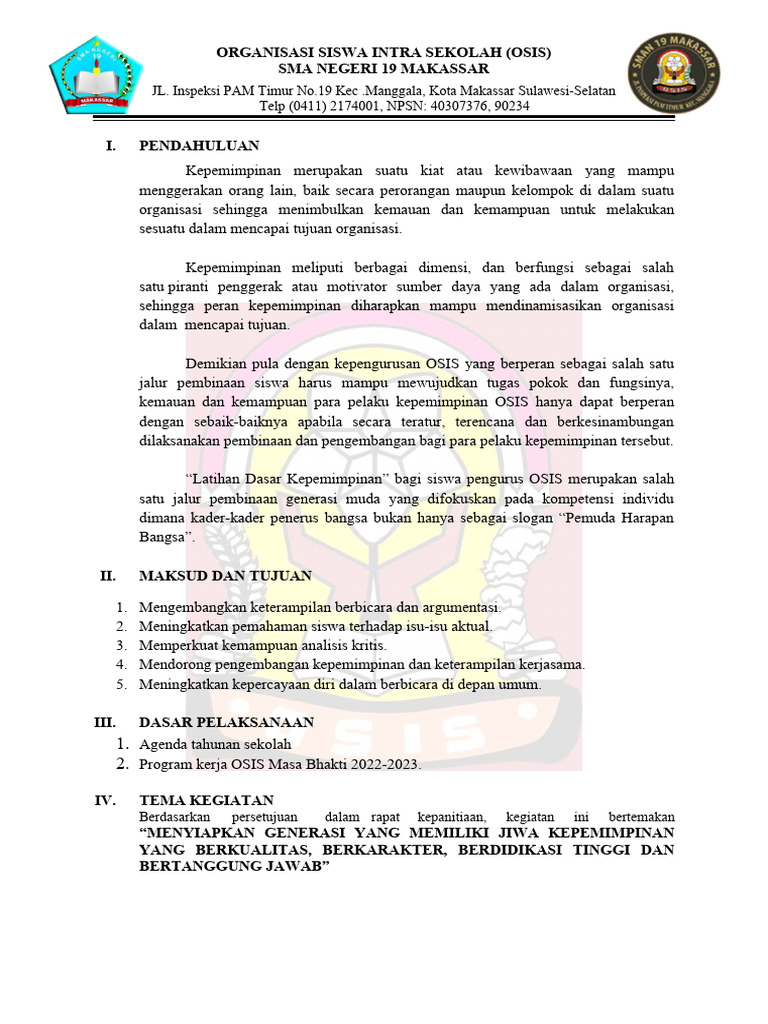 Latihan Dasar Kepemimpinan OSIS 2023 | PDF